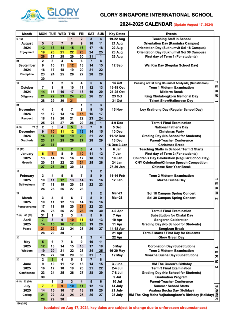 School Calendar - Glory Singapore International School